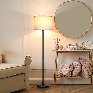 Modern Floor Lamp for Living Room Traditional Farmhouse Floor Lamps Mid-Century Pole Lamp with Linen Lamp Shade, Standing Tall Floor Lamps for Bedrooms and Office (Black+Metal Pole)