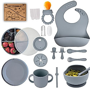 Silicone Baby Feeding Set -16 piece Baby Led Wearing Supplies with Suction plates for toddlers, bowls, Baby Utensils, Snack Cup, Sippy Cups, Toddler Utensils items Gray 6+ Months essentials must have.