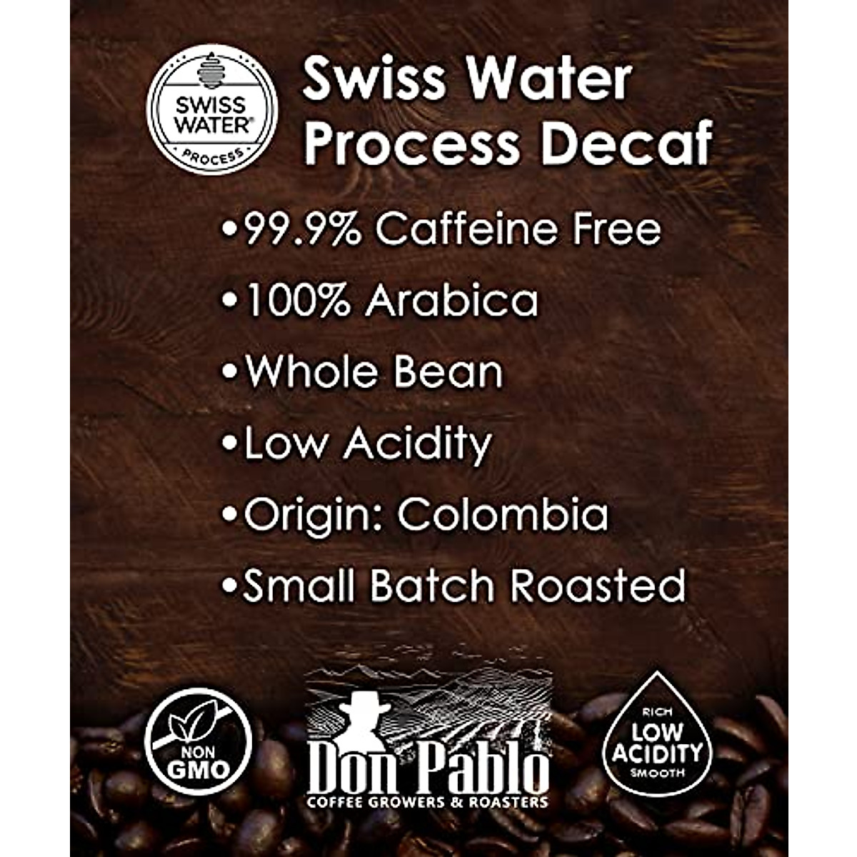 2LB Don Pablo Colombian Decaf - Swiss Water Process Decaffeinated - Medium-Dark Roast - Whole Bean Coffee - Low Acidity - 2 Pound (2 lb) Bag