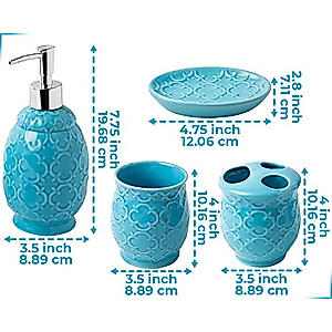 Designer 4-Piece Bathroom Accessory Set – Ceramic Bath Set w/Liquid Soap or Lotion Dispenser, Toothbrush Holder, Tumbler and Soap Dish – Decorative Set w/Embossed Details – Modern Vanity Accessories
