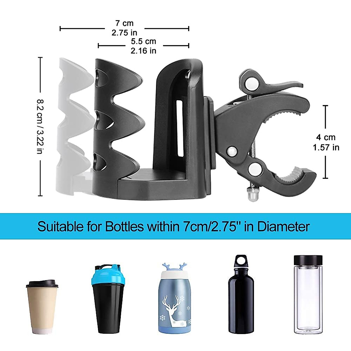 SupreGear Cup Holder, 360 Degree Rotation Stroller Bike Water Bottle Holder Cup Holder, Universal for Walkers, Rollators, Wheelchairs, Bicycles, Strollers and Motorcycle Accessories, Tools Free