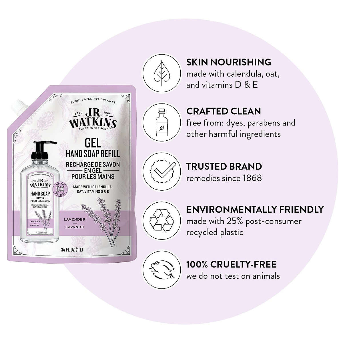 J.R. Watkins Gel Hand Soap Refill, Moisturizing Hand Wash, All Natural, Alcohol-Free, Cruelty-Free, USA Made, Lavender, 34 Fl Oz (Pack of 3)