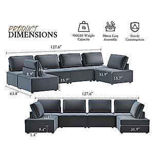 PaPaJet Sectional Sofa, 6 Seater Modular Sectional Couch- Convertible U Shaped Sectional Sofa Couch, 32" Seat Depth Oversized Couch for Living Room, Office (Velvet,Grey)
