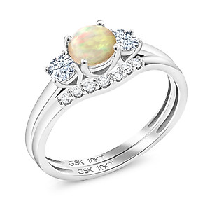 10K White Gold White Ethiopian Opal and White Created Sapphire and Lab Grown Diamond 3-Stone Bridal Engagement Wedding Ring Set For Women (0.63 Cttw, October Birthstone, Round Cabochon 5MM, Size 7)