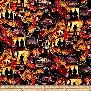 Under Fire Fireman Montage Red, Fabric by the Yard