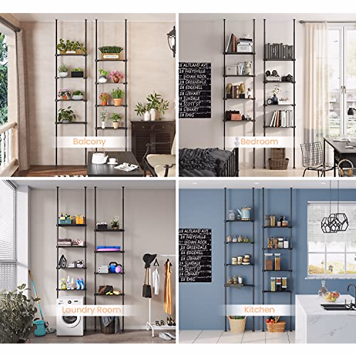 ALLZONE Over The Toilet Storage Cabinet, 4 Tier Over Toilet Bathroom Organizer, Adjustable Bathroom Shelves Over Toilet, Fit Most Showers on Above Toilet Storage, 92 to 116 Inch, Metal Shelves,Black