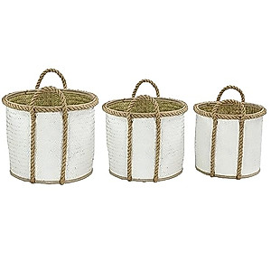 Deco 79 Seagrass Round Storage Basket with Handles, Set of 3 17", 15", 13"W, White