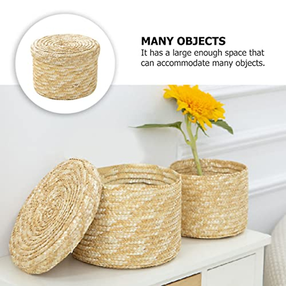 Cabilock Laundry Basket Woven Wheat- Straw Bin Straw Woven Storage sundries storage basket stationery storage basket decorative woven basket Baskets with Lid Wicker Serving Basket Classroom Decor