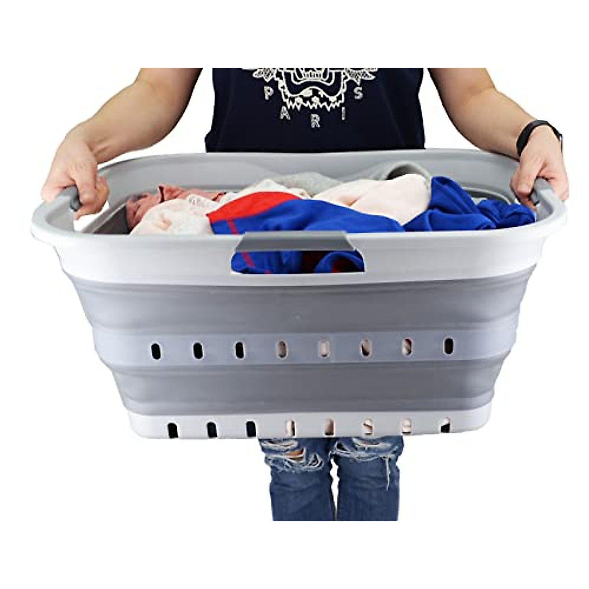 SAMMART 42L (11 gallon) Collapsible Plastic Laundry Basket - Foldable Pop Up Storage Container/Organizer - Portable Washing Tub - Space Saving Hamper/Basket (Grey/Dark Grey)