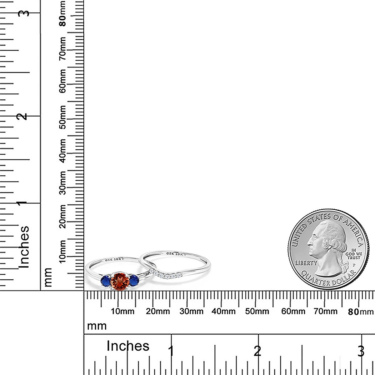 10K White Gold Red Garnet and Blue Created Sapphire and White Lab Grown Diamond 3-Stone Bridal Engagement Wedding Ring Set For Women (0.88 Cttw, Gemstone January Birthstone, Round 5MM, Size 5)