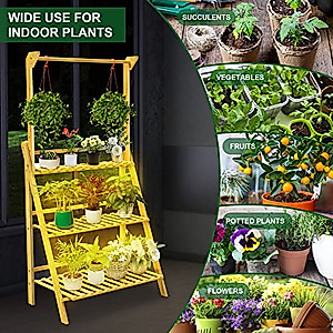 Bamboo Plant Stand with Grow Lights Multiple Flower Ladder Planter Pot Holder Hanging Plant Shelf Rack Display Organizer for Indoor Outdoor Patio Garden Corner Balcony Living Room Tall 3Tier 12 Potted