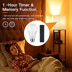 OUTON A19 LED Light Bulb with Remote Control, Efficient 9W LED Bulb (60Watt Equivalent), 810 LM, Dimmable, 3000K-6000K, E26 Base, Light Bulb with Timer for Living Room, Bedroom, 1Bulb & Remote