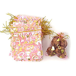 Honbay 50PCS 3.7x4.9 inch Sheer Pink Drawstring Heart Organza Favor Gift Bags Wedding Party Christmas Baby Shower Jewelry Pouches
