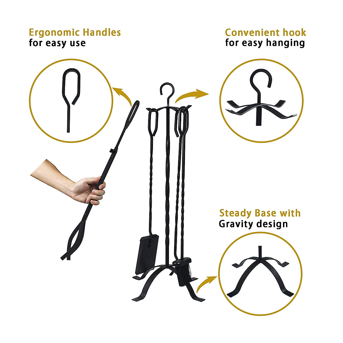 yinat Fireplace Tools Set, 5 Pieces of Fire Pit Tools,Firewood Holder Tools Kit Sets with Handles,Outdoor Accessories Kit,Black,Wrought Iron