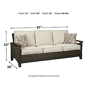 Signature Design by Ashley Paradise Trail Outdoor Patio Sofa with Cushion and 2 Pillows, Brown & Beige