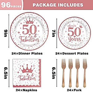 50th Birthday Tableware for Women - 96Pcs 50th Birthday Plates and Napkins | Rose Gold Party Supplies 50th Fabulous Happy Birthday Tableware Set | Cheers to 50 Years Party Decorations Serves 24 Guests