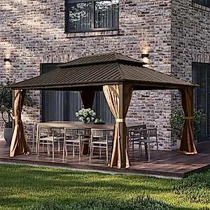 Domi 10' X 14' Hardtop Gazebo, Aluminum Metal Gazebo with Galvanized Steel Double Roof Canopy, Curtain and Netting, Permanent Gazebo Pavilion for Party, Wedding, Outdoor Dining, Brown