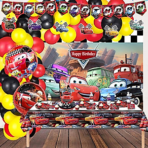 Cars Birthday Party Supplies, Lightning McQueen Birthday Decorations Include Banner, Balloons Arch, Backdrop, Tablecloth, Bottle Labels, Chocolate Stickers, Cupcake Toppers for Cars Theme Party