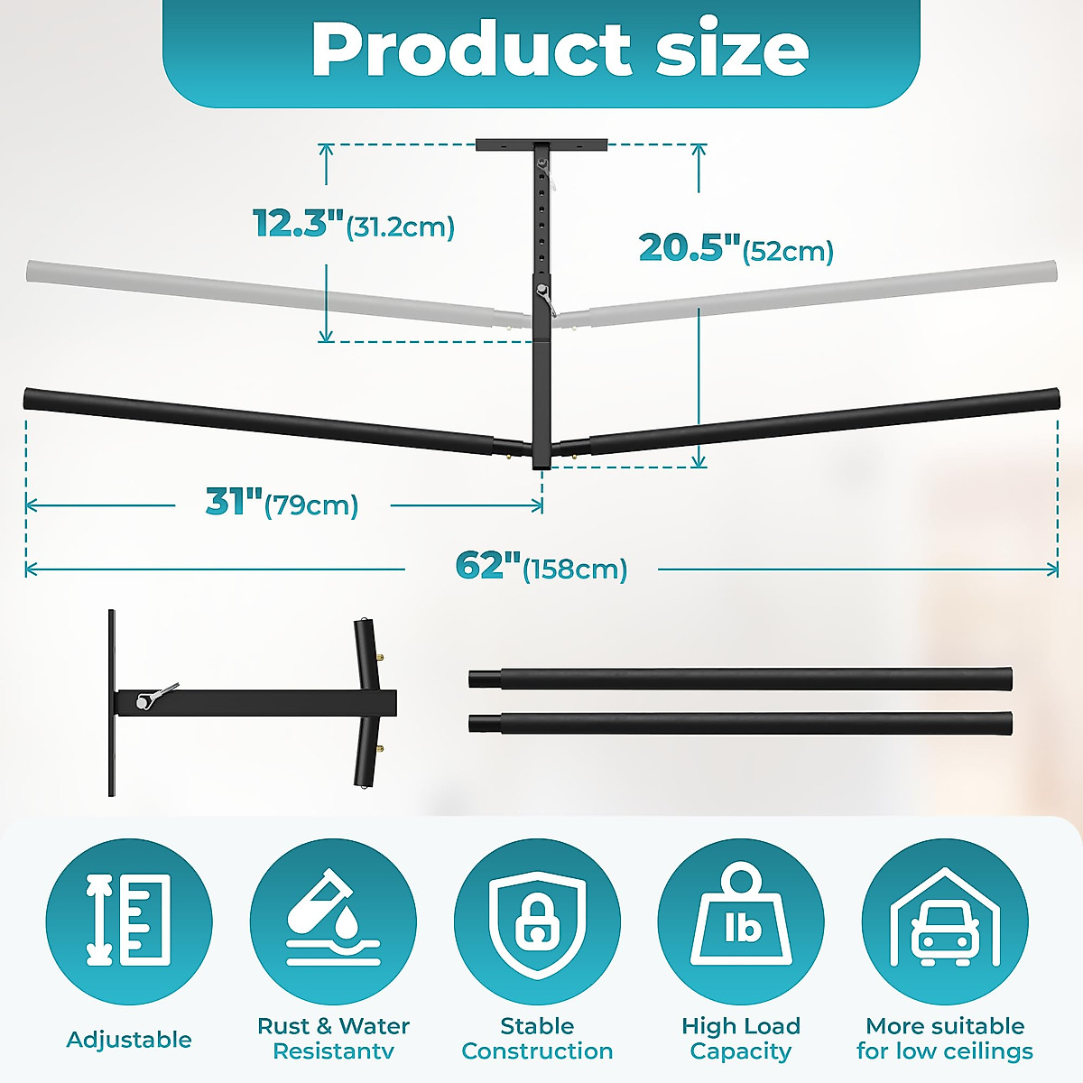 Dabolang Adjustable Ladder Ceiling Rack, Garage Surf Storage, Heavy Duty Overhead Paddleboard Hanger, Kayak Ceiling Mount Rack for Telescopic Ladder/Snowboard/Lumber. Double-sided