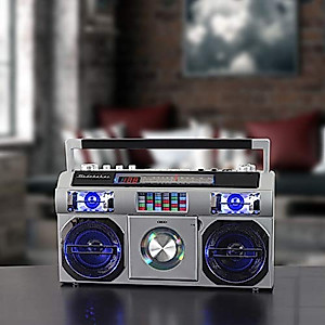 Studebaker SB2149S Master Blaster Bluetooth Boombox with 3 Way Power, AM/FM Radio, USB Port, CD Player with MP3 Playback, LED EQ and 10 Watts RMS Power in Silver