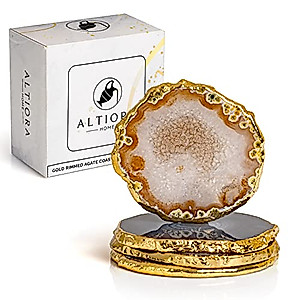 Natural Agate Coaster Set - Geode Coaster Set - 100% Natural Agate Crystal Coasters - Elegant Gold Rimmed Agate Coasters - Set of 4 - Natural Agate Colors - No Dyes Or Artificial Colors