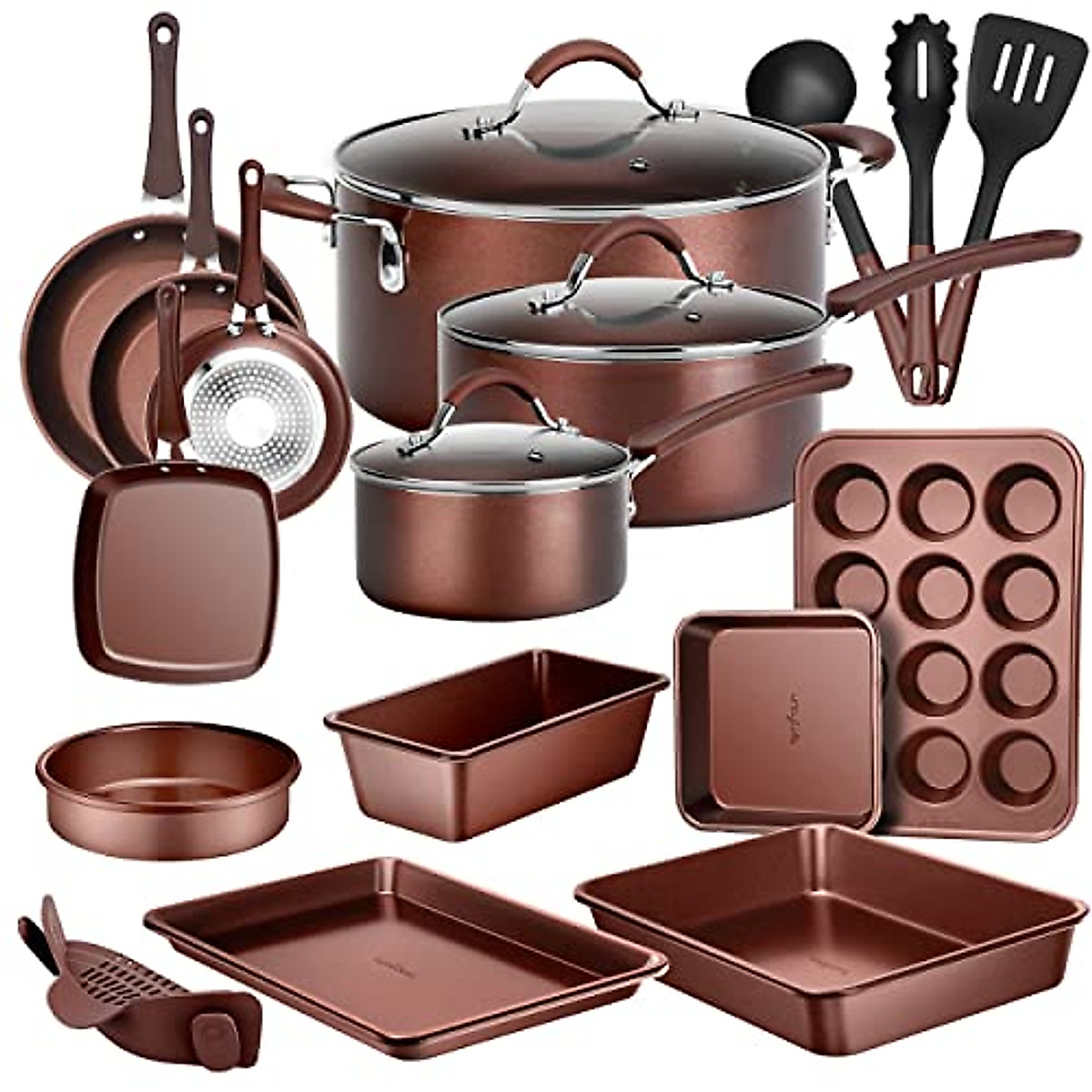 NutriChef Kitchenware Pots & Pans High-Qualified Basic Kitchen Cookware, Non-Stick (20-Piece Set), One Size, Brown