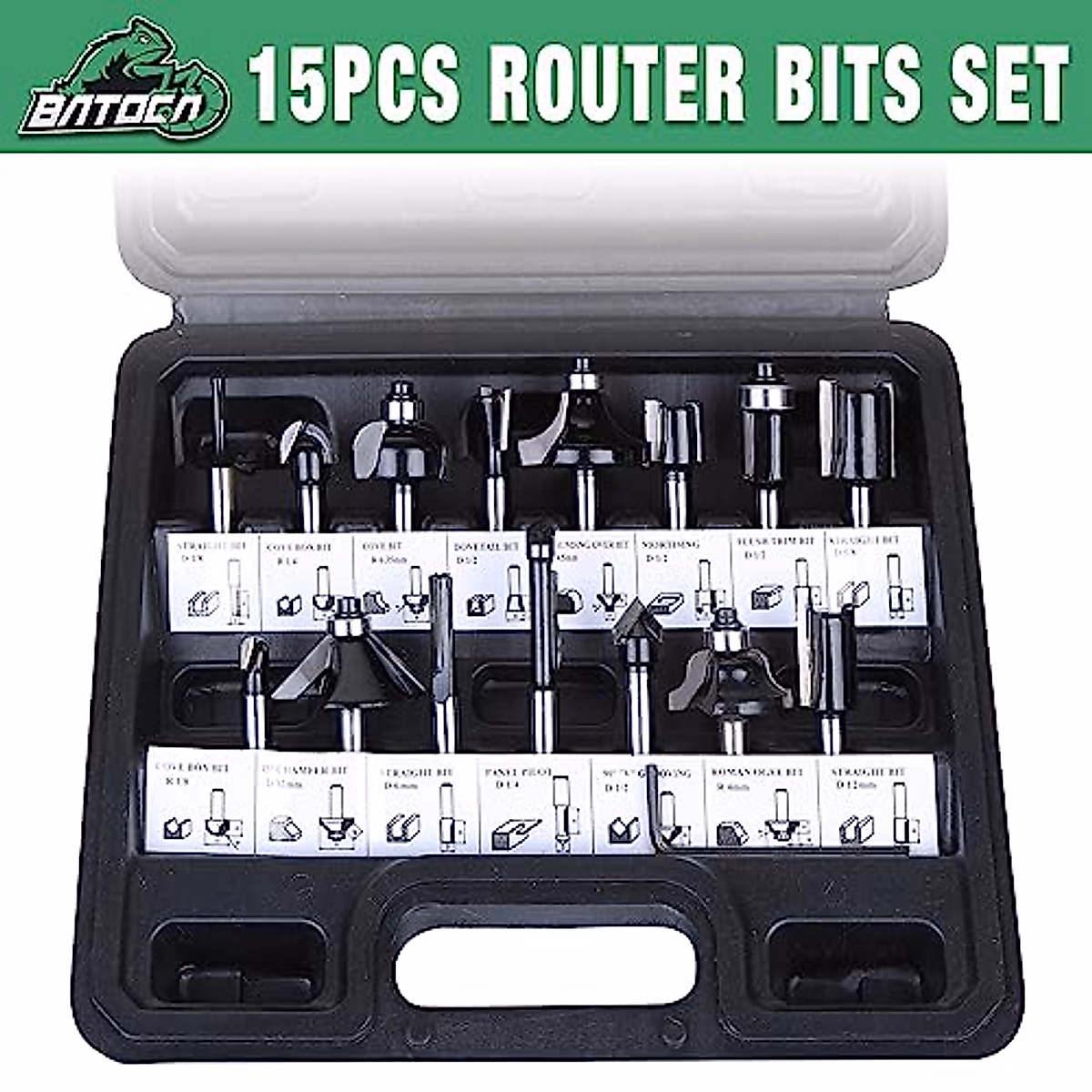 BATOCA 1/4“ Shank Router Bits Set of 15 Pcs, Tungsten Carbide Router Bits Set for Woodworking Project, Solid Woods, Hard Woods, Chipboard, MDF, DIY, and Carpenter