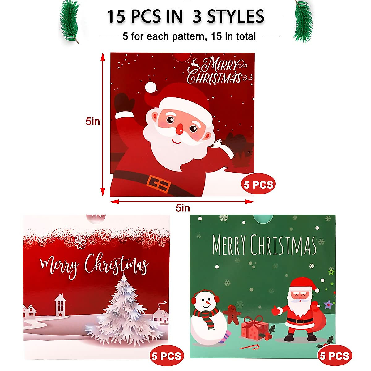 Frantis 15 Pack Stackable Christmas Gift Boxes,5x5x5 Inches Decorations Christmas Boxes, 3 Festive Designs Party Rustic Woodland Christmas Theme Nested Set , Candy, Holiday Bakery Treat