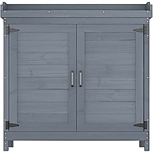 GOOD LIFE USA Outdoor Garden Patio Wooden Storage Cabinet Furniture Waterproof Tool Shed with Potting Benches Outdoor Work Station Table (Gray)