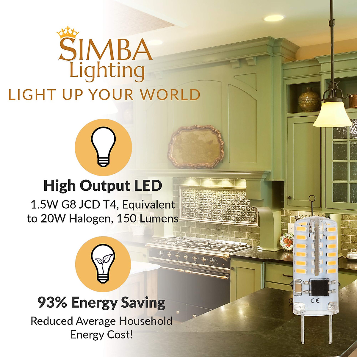 Simba Lighting G8 LED Dimmable Light Bulb (10 Pack) 1.5W T4 37mm 20W Halogen Replacement for Accent Lights, Under Cabinet Puck Light, Desk Lamps, Pendant Lights, 120V JCD Bi-Pin Base, Soft White 3000K
