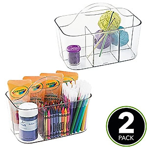 mDesign Plastic Portable Craft Storage Organizer Caddy Tote, Divided Basket Bin with Handle for Crafts, Sewing, Art Supplies - Holds Brushes, Colored Pencils - Lumiere Collection - 2 Pack - Clear