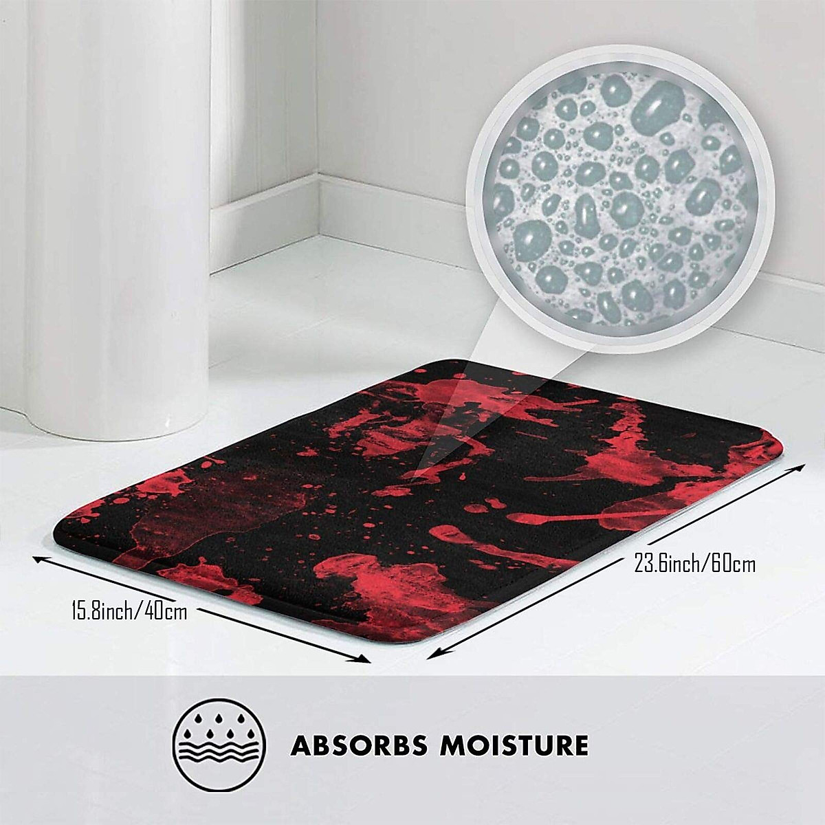 SWEET TANG Water Absorbent Classic Horror Blood Splatter Black Red Bathroom Rugs with Non Slip Rubber Backing Super Cozy Memory Foam Kitchen Mat, Washable and Quickly Drying Mat - 24 x 16 Inch