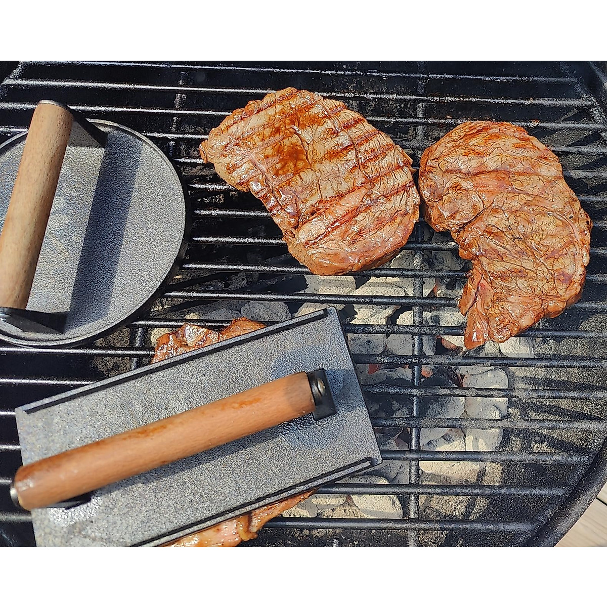 BBQ Future Round Burger Press and Rectangle Cast Iron Grill Press for Blackstone, Weber, Ninja, Royal Gourmet, Pit Boss Grills etc, Wood Handle Smash Steak Meat Weight Griddle Press (7.1" & 8.3x4.3)