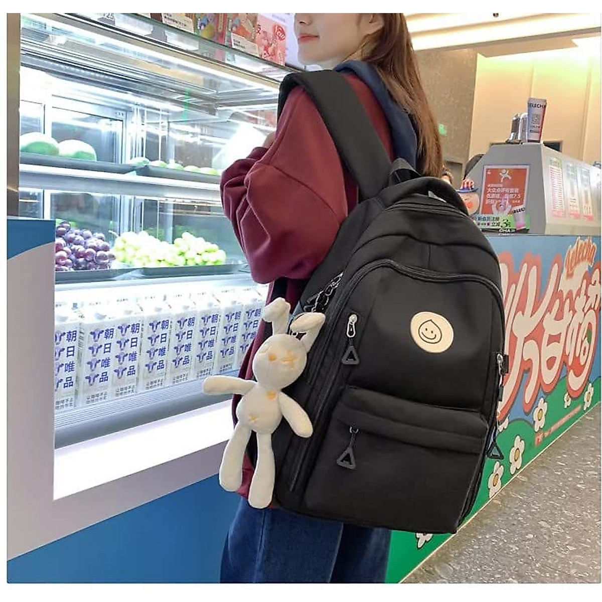 Preppy Backpack Smiling Face with Bunny Plush Cute Aesthetic Backpack Preppy Stuff Kawaii Accessories Korean College Style (Black,One Size)