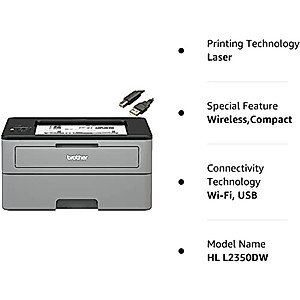 Brother HL-L2350DW Monochrome Compact Laser Printer with Wireless and Duplex Printing + Printer Cable