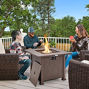 HAPPYGRILL 32” Propane Fire Pit Table, 50,000 BTU Outdoor Propane Gas Fire Table with Wood-like Tabletop, Lid and Lava Rocks, Square Auto-ignition Propane Firepit with PVC Cover