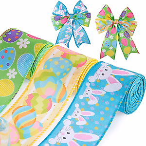 Easter Wired Edge Ribbon 3 Rolls 15 Yards Easter Ribbons Easter Egg Bunny Printed Ribbons Wrapping Fabric Spring Colorful Craft Ribbons for Easter Party Holiday DIY Decor Supplies, 2.5 Inches
