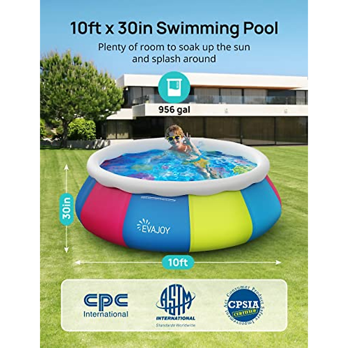 Inflatable Swimming Pool, EVAJOY 10ft ×30in Easy Set Pool with Pool Cover, Blow Up Pool Swimming Pools Above Ground for Kids Adults Family Backyard Garden