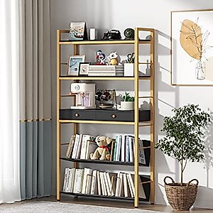 YAOHUOO Bookshelf with 2 Drawers-31.5” Widen Industrial Book Shelf with Bookend, 5 Tiers Tall Storage Shelves, Steel Frame Display Rack, Suitable for Bedroom,Office,Living Room,Bathroom