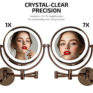 OVENTE 9" Lighted Wall Mount Makeup Mirror with 1X/7X Magnification, Double Sided Magnifying Bathroom Mirror, LED Glow Light, 360° Swivel Design, Extendable Folding Arm, Antique Brass MPWD3185AB1X7X
