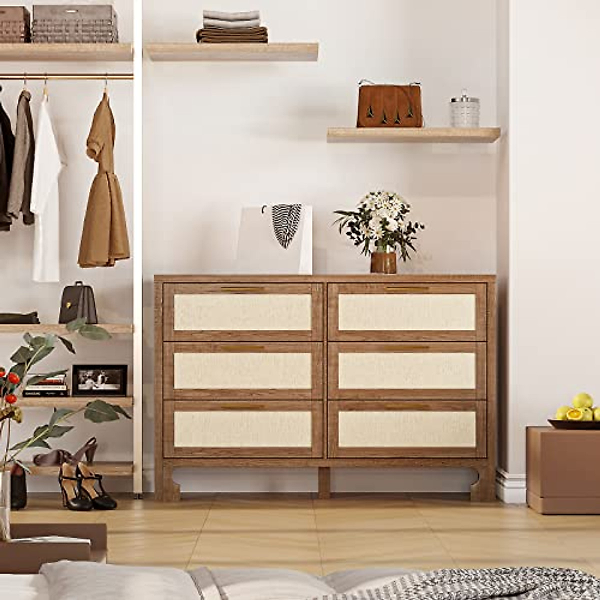 IDEALHOUSE Dresser for Bedroom with 6 Drawers, Burlap Design Wood Drawer Dresser Chest of Drawers for Closet, Living Room, Hallway, Nursery, Kids Bedroom, Caramel