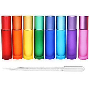 8Pcs 10ml(1/3oz) High-grade Colorful Frosted Roll on Bottles Thick Glass Massage Roller Bottles Tube Vials Containers for Essential Oils, Aromatherapy, Perfumes and Lip Balms+ 1pc 3ml Dropper