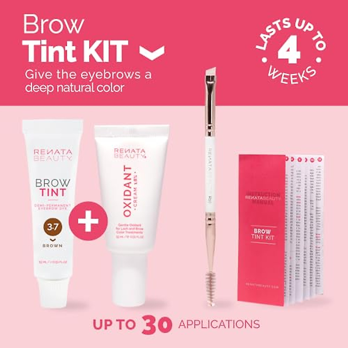 RB RENATA BEAUTY Lash and Brow Tint Kit – Eyelash & Eyebrow Tint Set – Dye Kit with Color Tint, Cream Developer and Styling Brush – Long-Lasting Effect Up to 4 Weeks – 30 Applications [Brown]
