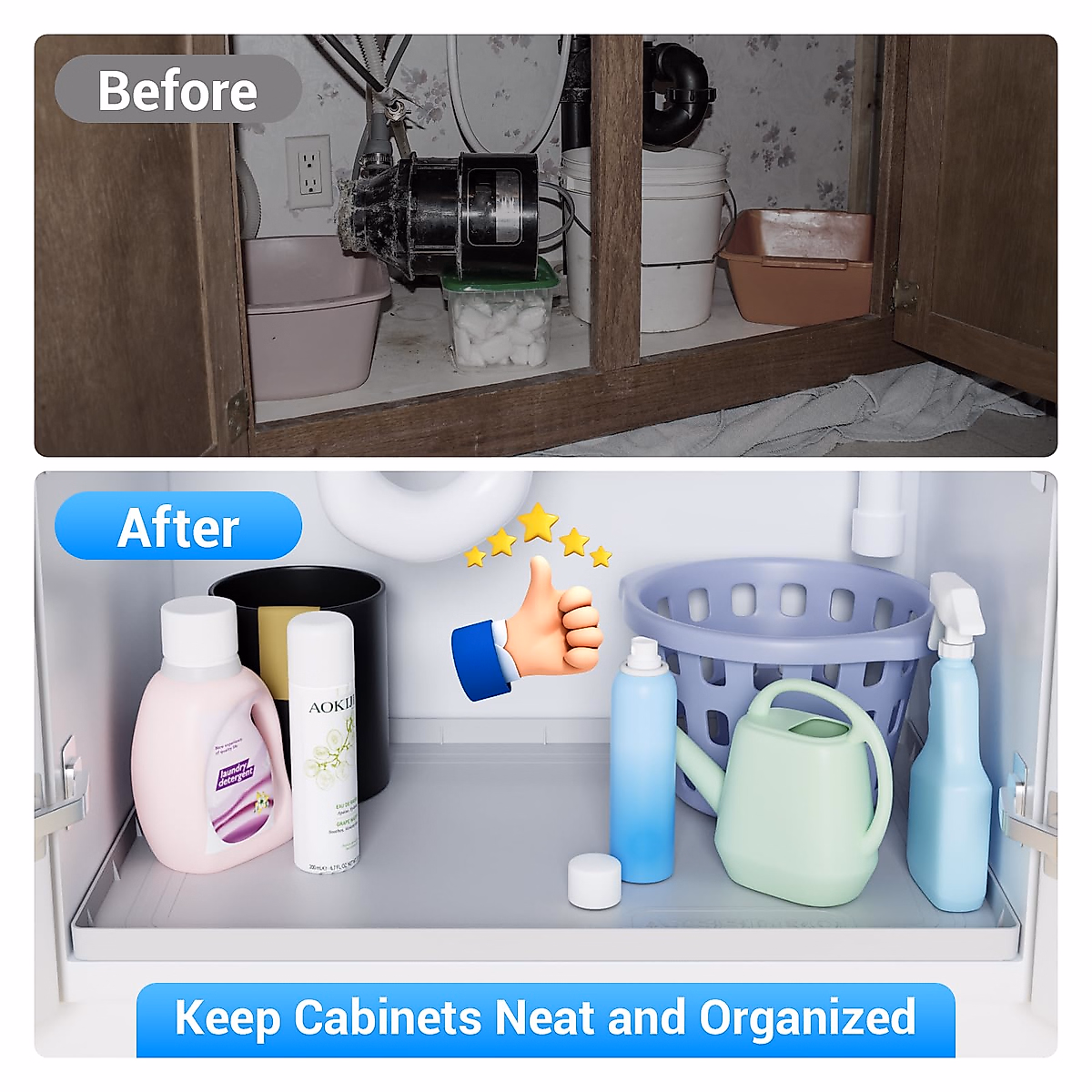 1 Inch Raised Under Sink Mat, 22" X 19" Under Kitchen Sink Mat [BPA Free] Waterproof Silicone Under Sink Mats Bathroom Kitchen Cabinet Shelf Protector, Under Sink Liner Tray, Light Grey