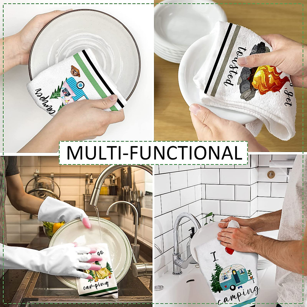 Camping Kitchen Towels Set of 4 Dish Towels Kitchen Hand Towels Kit Printed with Funny Sayings Novelty Gifts for Campers Happy Camper Camping Tent Pine Tree Farmhouse RV Decor Sign Home Decorations