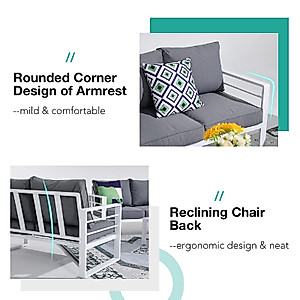 Patiorama Aluminum Patio Furniture Set, 5 PCS Modern Patio Conversation Set, All Weather White Outdoor Sectional Sofa Set w/Coffee Table, Patio Seating Set, Olefin Cushion, Garden-Grey Cushion