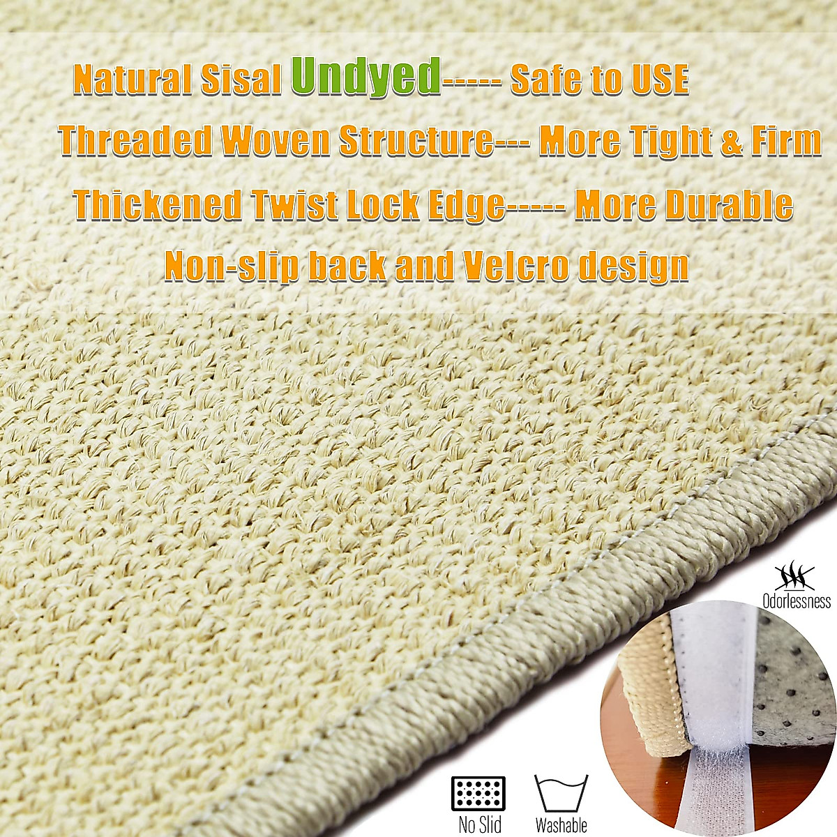 Pethave Cat Scratcher Mat, 23.6x15.7” Natural Sisal Scratching Mat with Velcro Tape,Stick on Floor and Wall Cat Scratch Pad Rug, Horizontal Cat Scratch Mat Protect Carpet and Sofa (Natural Color)