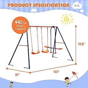 Nova Microdermabrasion Outdoor Swing Sets for Backyard, 440lbs Load Capacity Swing Stand with 2 Seats and 1 Swing Glider, Heavy Duty A-Frame Metal Outdoor Swing Set for Kids