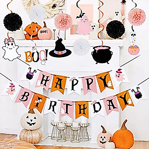 Pink and Black Halloween Happy Birthday Banner and Halloween Birthday Hanging Swirls Happy Birthday Halloween Banner for Pink Girls Halloween Birthday Party Supplies