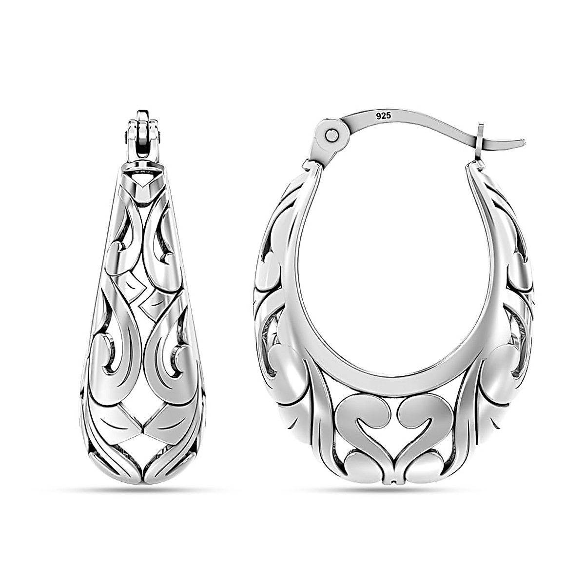LeCalla 925 Sterling Silver Filigree Hoop Earring Jewelry Small Antique Oxidized Click-Top Filigree Earring Hoops for Women - 25mm